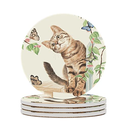 Cat Butterfly Coasters for Drinks, Set of 4, 4 Inch Absorbent Diatomite Ceramics Coasters with Cork Base, Tabletop Protection, Suitable for Dining Tables, Desks, Restaurants, Cafes