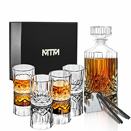 Whiskey Decanter Set 7 Pieces ，Crystal Whiskey Bottle With Glass Stopper, 4 Whiskey Glasses, 6 Cooling Whiskey Stones and Ice Clips, Whiskey, Scotch, Men, Holiday Gifts, Bar Essentials, 32OZ