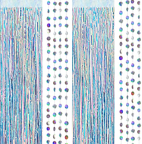 Iridescent Tinsel Foil Fringe Curtains for Birthday Party Photo Backdrop Circle Dots Garland Holographic Backdrop for Disco Euphoria Party Decorations