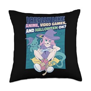 cute kawaii girl gaming gamer - anime, video games throw pillow, 18x18, multicolor