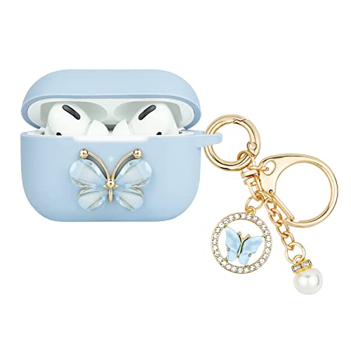 Wonhibo Cute Butterfly Airpods Pro Case for Women Girls, Blue Designer Cover for Apple Airpod Pro 2019 with Keychain