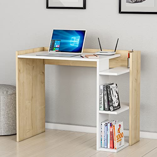 MODEAZY Ruby Multipurpose Modern Style Home Office Computer Desk, Room Decor, Storage Shelves Study Writing Table, White&Oak