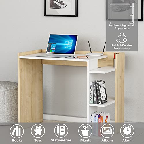 MODEAZY Ruby Multipurpose Modern Style Home Office Computer Desk, Room Decor, Storage Shelves Study Writing Table, White&Oak