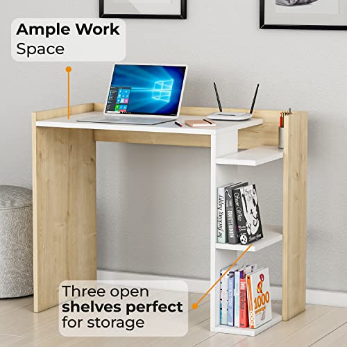 MODEAZY Ruby Multipurpose Modern Style Home Office Computer Desk, Room Decor, Storage Shelves Study Writing Table, White&Oak