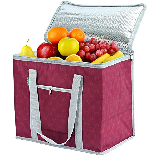 Ladbodun Insulated Grocery Bags Reusable Shopping Tote Cooler Bag With Zippered Top, Large Square Stand Up Food Carrier Delivery For Groceries Thermal Hot Or Cold Frozen Foods For Camping Travel 2Pack