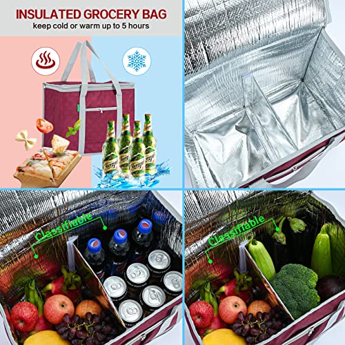 Ladbodun Insulated Grocery Bags Reusable Shopping Tote Cooler Bag With Zippered Top, Large Square Stand Up Food Carrier Delivery For Groceries Thermal Hot Or Cold Frozen Foods For Camping Travel 2Pack