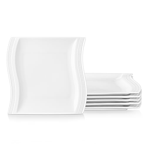 MALACASA Square Dinner Plates, 8.2 Inch Ceramic Plates Set of 6, Ivory White Dinner Plate Kitchen Dish Set, Microwave & Dishwasher Safe, Scratch Resistant, Series Flora