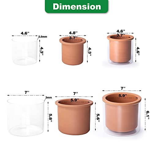 Phoenix Vine 4 Inch 6 Inch Self Watering Plants Pots, Design Terracotta Pots for Plants, Indoor Cylinder Terra Cotta Planter with Glass Vase Set, 51-A-G