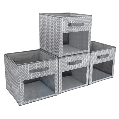 DOMEraax Cube Storage Bin 4 Pack with Clear window Large Boxes Basket with Handles Fabric Closet Organizer 13" x 13" x 13" Herringbone Pattern