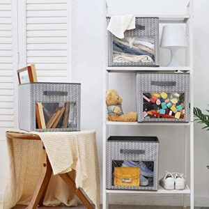 DOMEraax Cube Storage Bin 4 Pack with Clear window Large Boxes Basket with Handles Fabric Closet Organizer 13" x 13" x 13" Herringbone Pattern