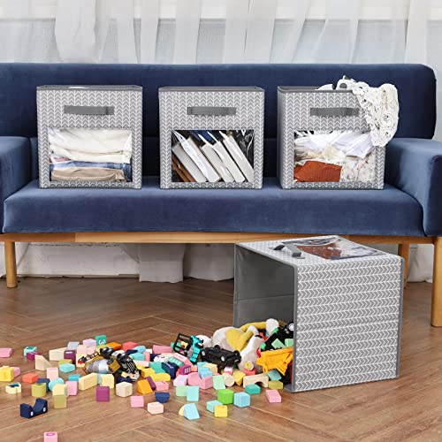 DOMEraax Cube Storage Bin 4 Pack with Clear window Large Boxes Basket with Handles Fabric Closet Organizer 13" x 13" x 13" Herringbone Pattern