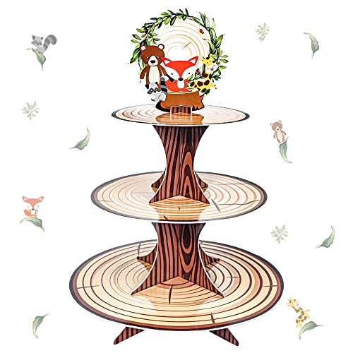 3 Tier Woodland Cupcake Stand, Woodland Baby Shower Decorations Jungle Animal Cupcake Tower for Wild One Boys Girls Woodland Forest Birthday Party Decor Supplies