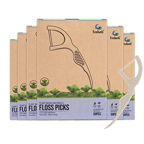 Natural Dental Floss Picks (300 Count) - Plant Based, Vegan, Eco Friendly, Sustainable Dental Flossers - Twin Floss (Mint)