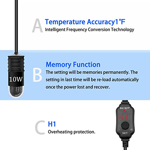 YOFOTHS Adjustable Mini Aquarium Heater 0.5/1/2/3 Gallon Submersible Small Fish Tank Heater 10W/20W/30W Digital Display Thermostat External Temperature Controller