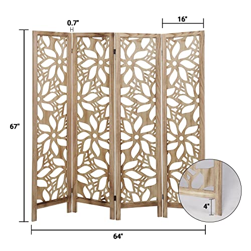 ECOMEX 4 Panel Cutout Room Divider 5.6Ft Wood Room Dividers and Folding Screens Carved Room Dividers Screen for Home Office Restaurant Bedroom, Natural