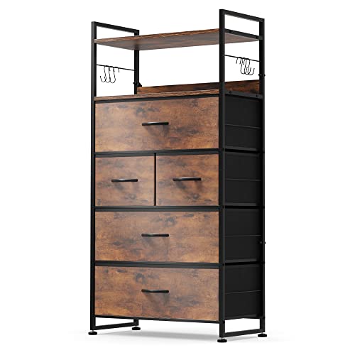 Lulive Dresser, Chest of Drawers, 5 Drawers Dresser for Bedroom, Hallway, Entryway, Storage Organizer Unit with Cationic Fabric, Sturdy Metal Frame, Wood Tabletop, Easy Pull Handle (Rustic Brown)