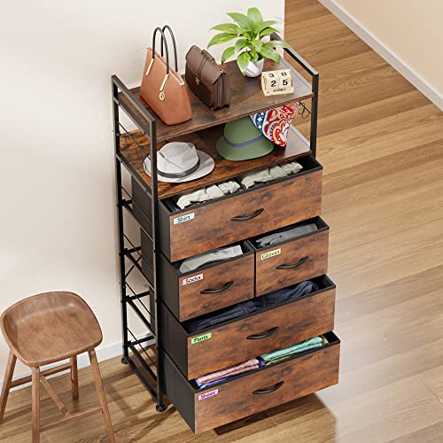 Lulive Dresser, Chest of Drawers, 5 Drawers Dresser for Bedroom, Hallway, Entryway, Storage Organizer Unit with Cationic Fabric, Sturdy Metal Frame, Wood Tabletop, Easy Pull Handle (Rustic Brown)