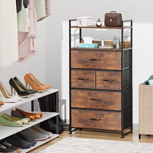 Lulive Dresser, Chest of Drawers, 5 Drawers Dresser for Bedroom, Hallway, Entryway, Storage Organizer Unit with Cationic Fabric, Sturdy Metal Frame, Wood Tabletop, Easy Pull Handle (Rustic Brown)