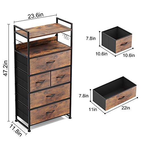 Lulive Dresser, Chest of Drawers, 5 Drawers Dresser for Bedroom, Hallway, Entryway, Storage Organizer Unit with Cationic Fabric, Sturdy Metal Frame, Wood Tabletop, Easy Pull Handle (Rustic Brown)