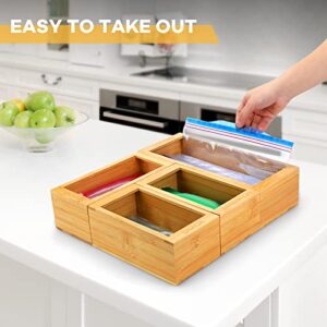 Ziplock Bag Storage Organizer Bamboo Upgraded Zip Lock Bags Container for Drawer, Baggie Dispenser Compatible with Ziploc, Hefty, Solimo, Glad, for Gallon, Quart, Sandwich, Snack & Variety Size Bags