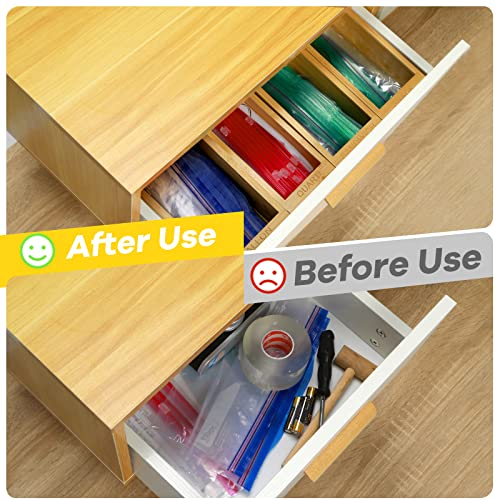 Ziplock Bag Storage Organizer Bamboo Upgraded Zip Lock Bags Container for Drawer, Baggie Dispenser Compatible with Ziploc, Hefty, Solimo, Glad, for Gallon, Quart, Sandwich, Snack & Variety Size Bags