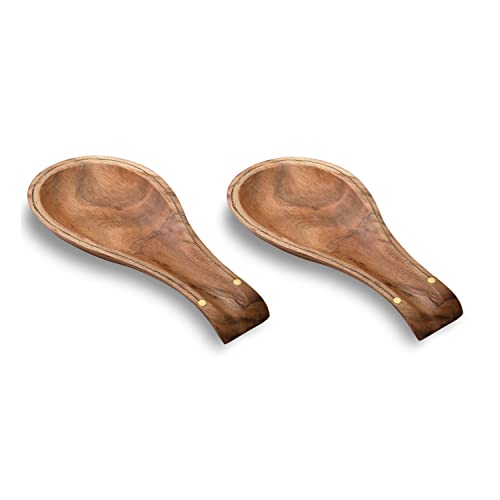 Folkulture Spoon Rest for Kitchen Counter, Spoon Holder for Stove Top or Countertop, Set of 2 Holder for Spatula, Spoons or Tongs, Modern and Rustic Farmhouse Spoon Rest for Cooking, Acacia Wood, 10"