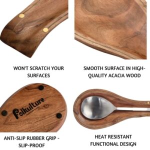 Folkulture Spoon Rest for Kitchen Counter, Spoon Holder for Stove Top or Countertop, Set of 2 Holder for Spatula, Spoons or Tongs, Modern and Rustic Farmhouse Spoon Rest for Cooking, Acacia Wood, 10"