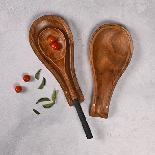 Folkulture Spoon Rest for Kitchen Counter, Spoon Holder for Stove Top or Countertop, Set of 2 Holder for Spatula, Spoons or Tongs, Modern and Rustic Farmhouse Spoon Rest for Cooking, Acacia Wood, 10"