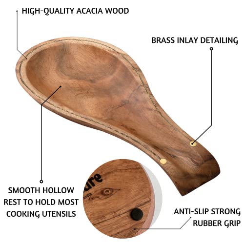 Folkulture Spoon Rest for Kitchen Counter, Spoon Holder for Stove Top or Countertop, Set of 2 Holder for Spatula, Spoons or Tongs, Modern and Rustic Farmhouse Spoon Rest for Cooking, Acacia Wood, 10"