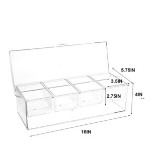 Jucoan Large Ice Chilled Condiment Server with Lid and 4 Removable Compartment, Clear Plastic Condiment Server Caddy Tray Container on Ice with Lid, Garnish Dispenser Tray for Home Restaurant