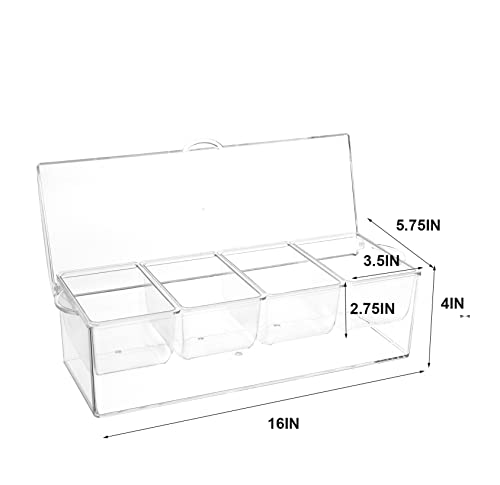 Jucoan Large Ice Chilled Condiment Server with Lid and 4 Removable Compartment, Clear Plastic Condiment Server Caddy Tray Container on Ice with Lid, Garnish Dispenser Tray for Home Restaurant