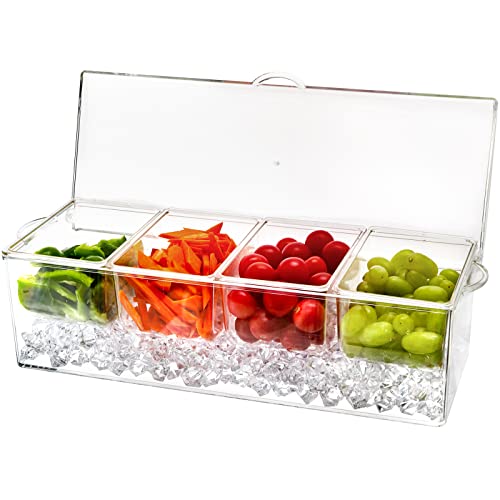 Jucoan Large Ice Chilled Condiment Server with Lid and 4 Removable Compartment, Clear Plastic Condiment Server Caddy Tray Container on Ice with Lid, Garnish Dispenser Tray for Home Restaurant