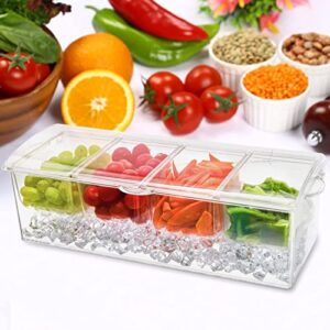 Jucoan Large Ice Chilled Condiment Server with Lid and 4 Removable Compartment, Clear Plastic Condiment Server Caddy Tray Container on Ice with Lid, Garnish Dispenser Tray for Home Restaurant