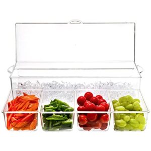 Jucoan Large Ice Chilled Condiment Server with Lid and 4 Removable Compartment, Clear Plastic Condiment Server Caddy Tray Container on Ice with Lid, Garnish Dispenser Tray for Home Restaurant