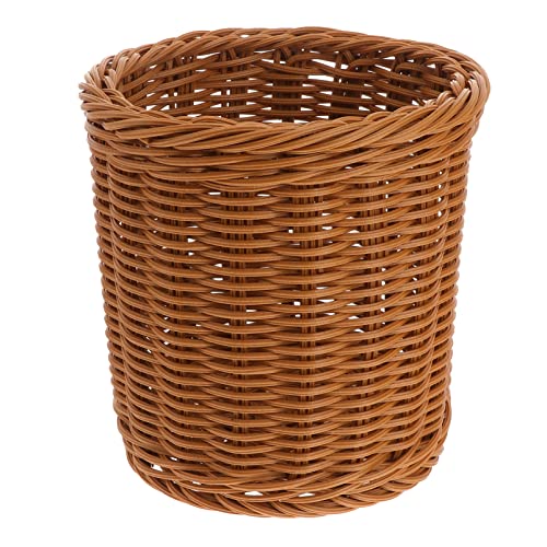 Zerodeko Round Rattan Waste Basket Woven Trash Can Paper Waste Basket Straw Wicker Sundries Storage Basket Garbage Container Bin for Bathrooms Kitchen 7.48 in Tall Coffee