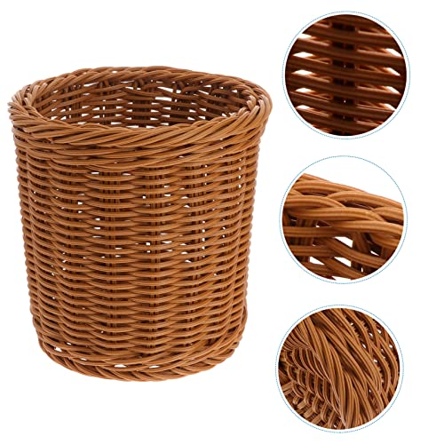 Zerodeko Round Rattan Waste Basket Woven Trash Can Paper Waste Basket Straw Wicker Sundries Storage Basket Garbage Container Bin for Bathrooms Kitchen 7.48 in Tall Coffee