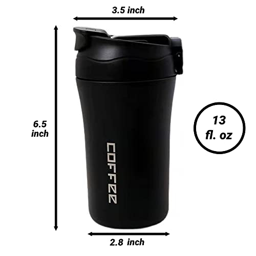 Sip Spout Water Bottle, Vacuum Insulated Coffee Mug with Straw, Travel Mug Sip, Stainless Steel Thermal Cup, Travel Mug with Leak-Proof Lid, BPA free, for Home Office Kitchen Outdoor, Black, 13oz