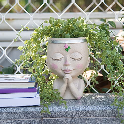 LTSUMI Face Flower Pot Head Planter Succulent Pot Planter Cactus Planter Unique Cute Resin Planter Pot for Indoor Outdoor Plants with Drainage Hole(Blessing)