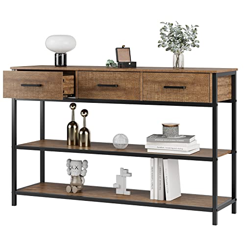 HIFIT Console Table with 3 Drawers, Industrial Sofa Table, Entryway Table with 3-Tier Storage Shelves, Rustic Narrow Entry Table for Living Room/Entryway/Hallway, Stable Metal Support, Walnut Brown