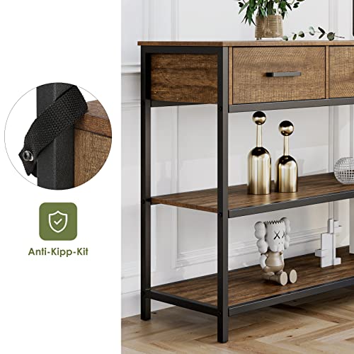 HIFIT Console Table with 3 Drawers, Industrial Sofa Table, Entryway Table with 3-Tier Storage Shelves, Rustic Narrow Entry Table for Living Room/Entryway/Hallway, Stable Metal Support, Walnut Brown