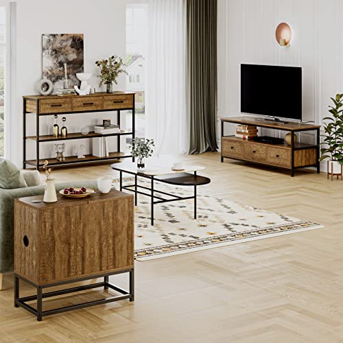 HIFIT Console Table with 3 Drawers, Industrial Sofa Table, Entryway Table with 3-Tier Storage Shelves, Rustic Narrow Entry Table for Living Room/Entryway/Hallway, Stable Metal Support, Walnut Brown