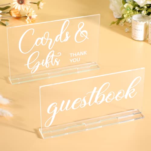 Yulejo 2 Pieces Acrylic Wedding Reception Sign Guest Book Sign Cards and Gifts Wedding Sign with Stand Rustic Farmhouse Hanging for Wedding Cabin Beach Party Home Decor, 2 Styles (White Printing)