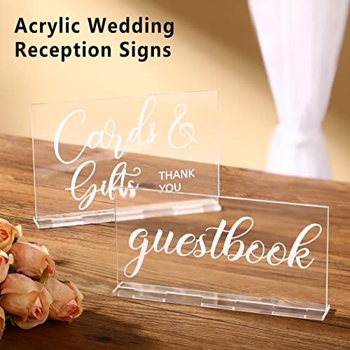 Yulejo 2 Pieces Acrylic Wedding Reception Sign Guest Book Sign Cards and Gifts Wedding Sign with Stand Rustic Farmhouse Hanging for Wedding Cabin Beach Party Home Decor, 2 Styles (White Printing)