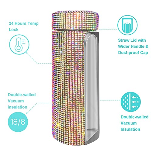 Bling Crytal 17oz Insulated Water Bottle with Strainer,Stainless Steel Thermal Bottle,Leak-Proof Double Walled Vacuum Insulated ,Diamond vacuum flask for woman to Travel, Picnic& Camping (multi)