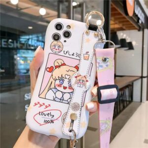 通用 cute iphone 12 pro max shockproof protective case with wristband strap kickstand light soft silicone shockproof protective cases cover (white sailor moon wristband+ lanyard)