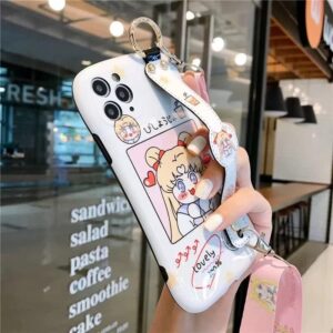 通用 Cute iPhone 12 Pro Max Shockproof Protective Case with Wristband Strap Kickstand Light Soft Silicone Shockproof Protective Cases Cover (White Sailor Moon Wristband+ Lanyard)