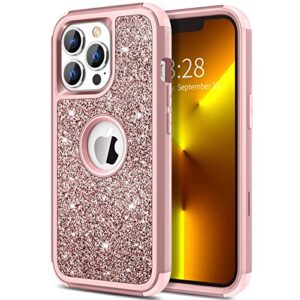 hython case for iphone 13 pro max case glitter, cute shiny bling sparkle cover, heavy duty 3 in 1 hybrid hard pc soft tpu bumper full body shockproof protective phone cases for women girls, rose gold