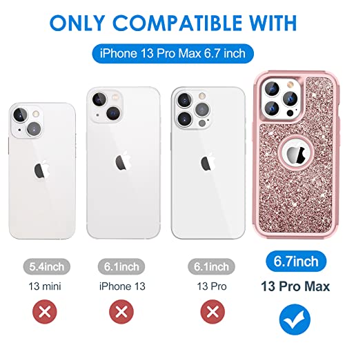 Hython Case for iPhone 13 Pro Max Case Glitter, Cute Shiny Bling Sparkle Cover, Heavy Duty 3 in 1 Hybrid Hard PC Soft TPU Bumper Full Body Shockproof Protective Phone Cases for Women Girls, Rose Gold