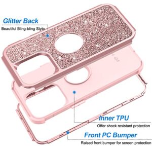 Hython Case for iPhone 13 Pro Max Case Glitter, Cute Shiny Bling Sparkle Cover, Heavy Duty 3 in 1 Hybrid Hard PC Soft TPU Bumper Full Body Shockproof Protective Phone Cases for Women Girls, Rose Gold