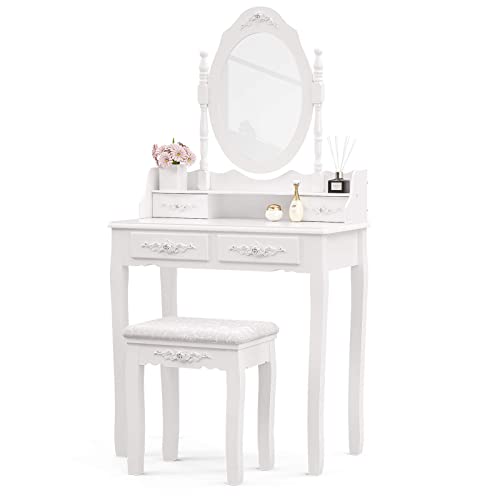 LAGRIMA Makeup Vanity Table Set, Makeup Table and Stool with Oval Mirror & 4 Storage Drawers, Wooden Dressing Desk Table Furniture Set for Women Girls